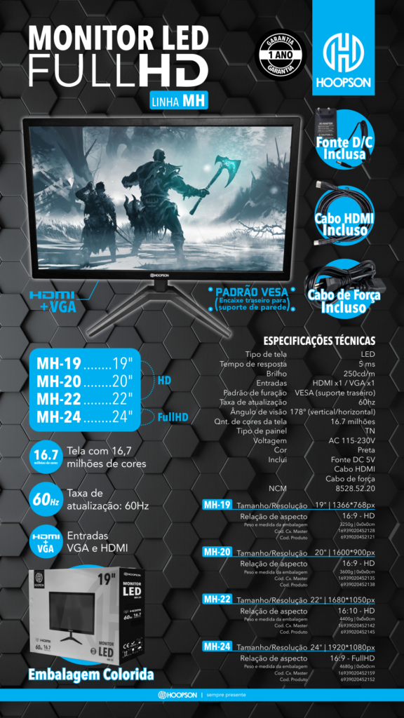 MONITOR DE LED 20 POLEGADAS MARCA HOOPSON - MH-20
